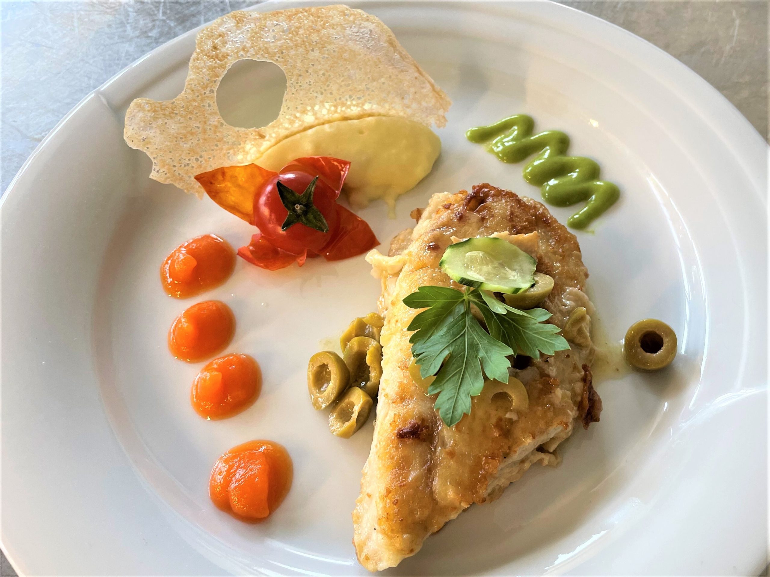 Filetto di persico alle olive e crema di mele secondi Alberto-arienti.com